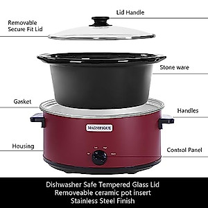 Magnifique 7 Quart Slow Cooker Oval Manual Pot Food Warmer with 3 Cooking Settings, Red Stainless Steel