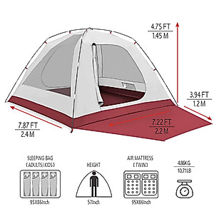 KAZOO 4 Person Camping Tent Outdoor Waterproof Family Large Tents 4 People Easy Setup Tent with Porch Double Layer