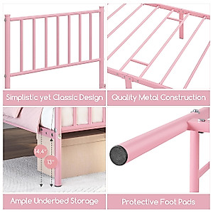 Yaheetech Twin Size Bed Frame Metal Platform Bed Frame Mattress Foundation with Spindle Headboard & Footboard/No Box Spring Needed/14 Inch Underbed Storage/Firm Support & Easy Set up Structure, Pink