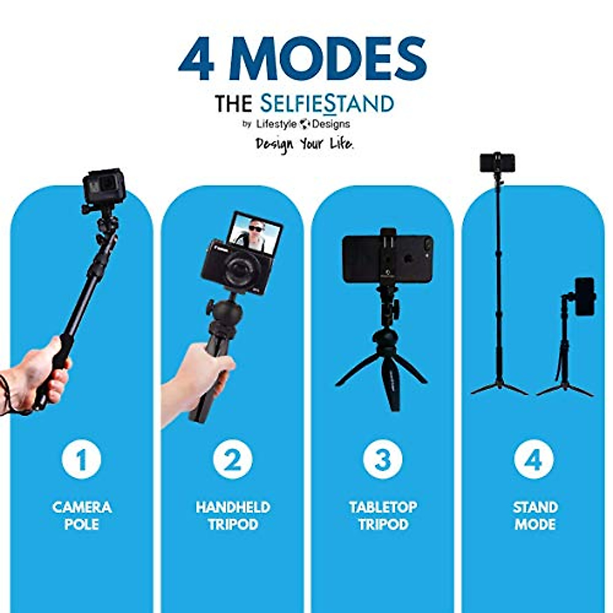 Rugged 4-in-1 Selfie Stick Tripod Stand Kit + Bluetooth Remote – Universal: Any iPhone, Android, GoPro or Camera – iPhone 13 12 11 Pro Mini Max XS XR X 8 7 6 Plus, Samsung etc.