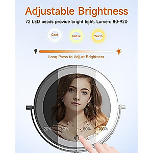 Lighted Makeup Mirror with Magnification, 1X 10X Magnifying Mirror with Light, 8'' HD Double Sided Tabletop Vanity Mirror, Rechargeable 3 Color LED Dimmable Desk Lit Cosmetic Mirror, Girl Women Gifts