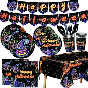170PC Halloween Party Plates Supplies Kit Glow in The Dark Party Decorations Tableware Set with Disposable Plates,Napkins,Cups,Birthday flag and Touchdown Tablecloth for Holiday Party,Serves 24 Multi