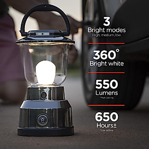 Enbrighten Brushed Nickel LED Camping Lantern, Battery Powered, 550 Lumens, 280 Hour Runtime, Carabiner Handle, Hiking Gear, Emergency Light, Blackout, Storm, Hurricane, 14210