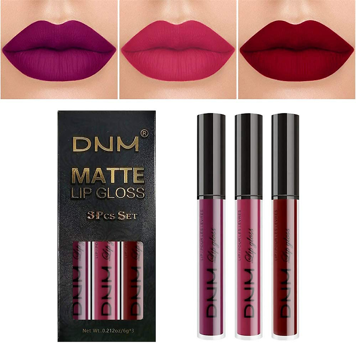 DNM 3Pcs Dark Purple Red Rose pink Matte Liquid Lipstick Sets for Black Women Matte Matt Lipstick Lip Stain Long Lasting Waterproof 24, labial mate larga duracion 24 labiales mate 24 horas originales
