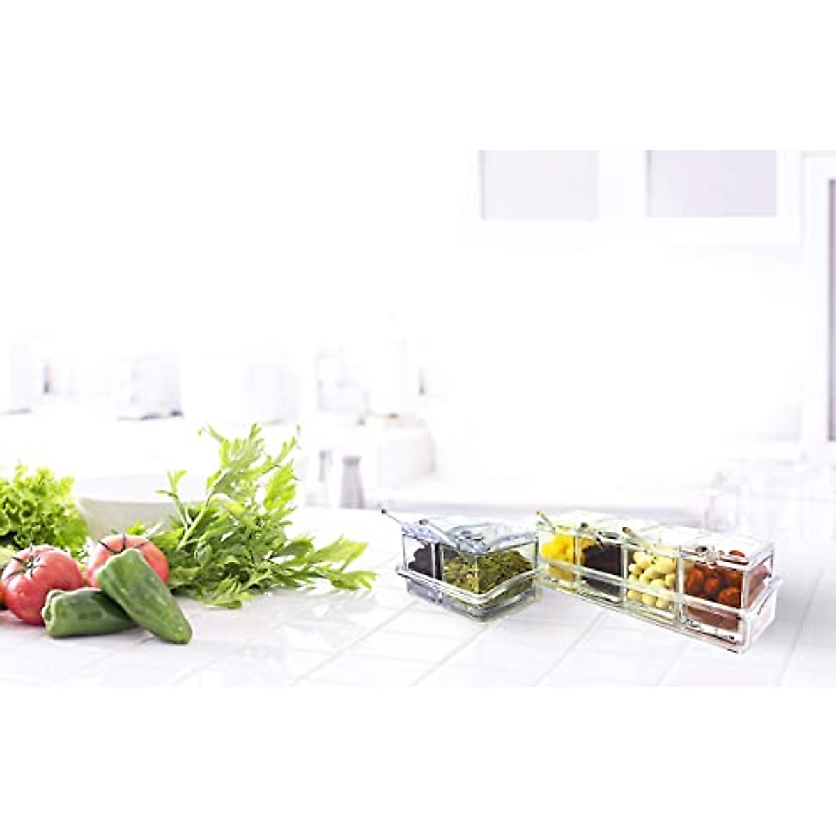 Six Compartment Condiment & Spice Box Serving Set with Spoons - 2 & 4 Section Seasoning Storage Container Rack Combo Set with Removable Cruet Jars (5.75 oz capacity each) | by ImpiriLux