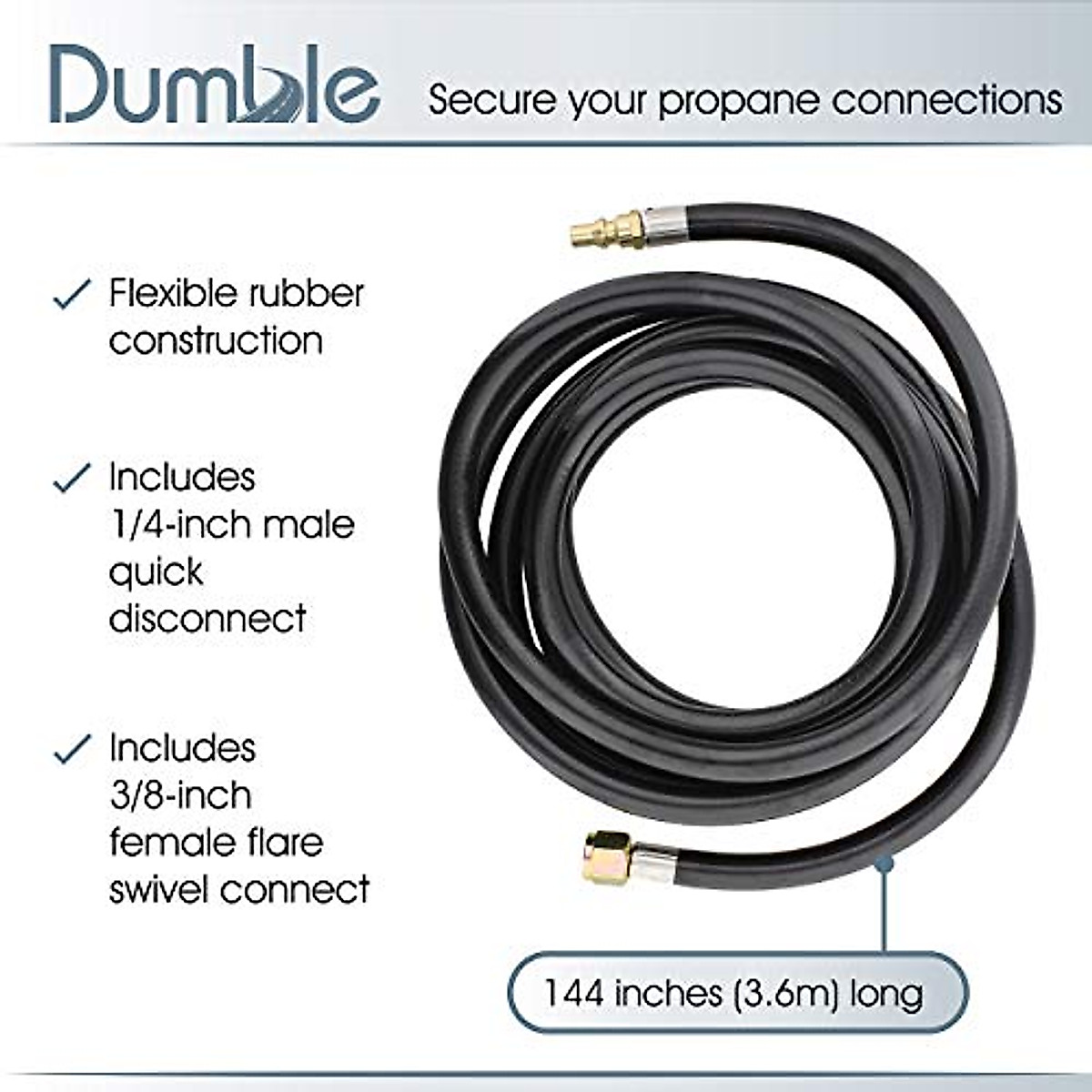 Dumble Low Pressure Regulator Hose, 12ft Rubber - Low Pressure Propane Regulator Hose for LP Gas Low PSI Regulator Hose