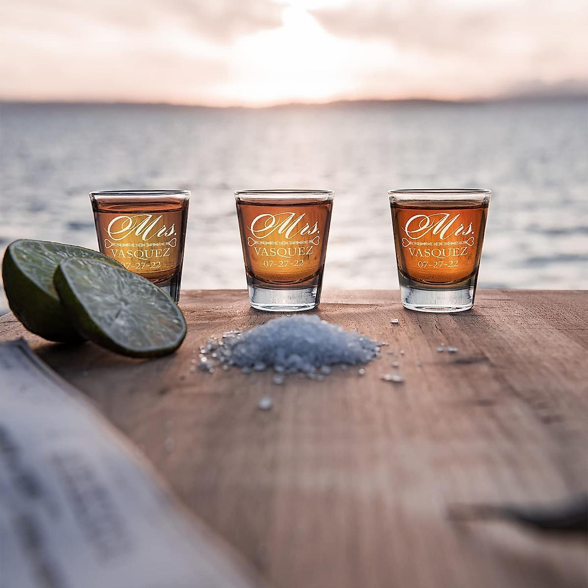 Personalized Mr and Mrs Shot Glasses Set 2oz Orange Bottom Custom Engraved for Couples, Wife and Husband, Fiance and Fiancee, Bride and Groom at Wedding Party, Anniversary and Engagements