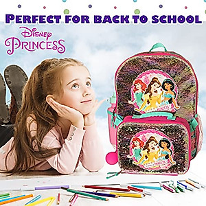 Disney Princess 4 Piece Backpack Set, Flip Sequin 16" School Bag for Girls with Front Zip Pocket, Pink