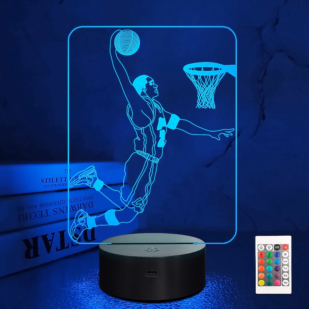 FULLOSUN Basketball 3D Night Light, Basketball Sport Gifts Bedside Lamp for Xmas Holiday Birthday Gifts for Kids Basketball Fan with Remote Control 16 Colors Changing + 4 Changing Mode + Dim Function