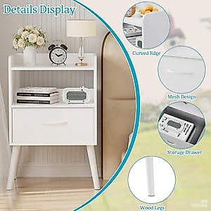 White Nightstand with Open Shelf,Small Night Stand Bedroom Bedside Table with Drawer Storage,Side Table End Table with Solid Wood Feet,Mid Century Night Stands for Office Home Sofa Couch(White)