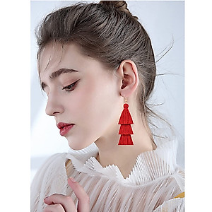 CHUNYANAN 3 Tier Red Yellow Tassel Dangle Drop Earrings Bohemian Fashion Earrings for Women Valentine Party Jewelry Gift. (Red Tassel Dangle Drop Earrings)