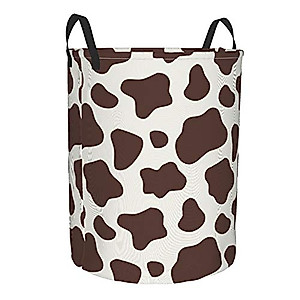 KiuLoam Brown and White Cow Print Laundry Baskets, Bedroom Hamper Collapsible Waterproof Oxford Fabric with Handle Foldable Cloth Washing Bin Tote Bag (16.5 Inches)