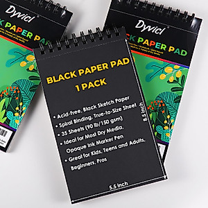Dyvicl Black Paper Sketchbook 5.5"x8.5", 90 lb/150 GSM, 35 Sheets, Spiral Black Sketch Pad Drawing Paper for Pencil, Pastel, White Ink Gel Pen, Charcoal, Chalk, Metallic Marker, Paint Pen