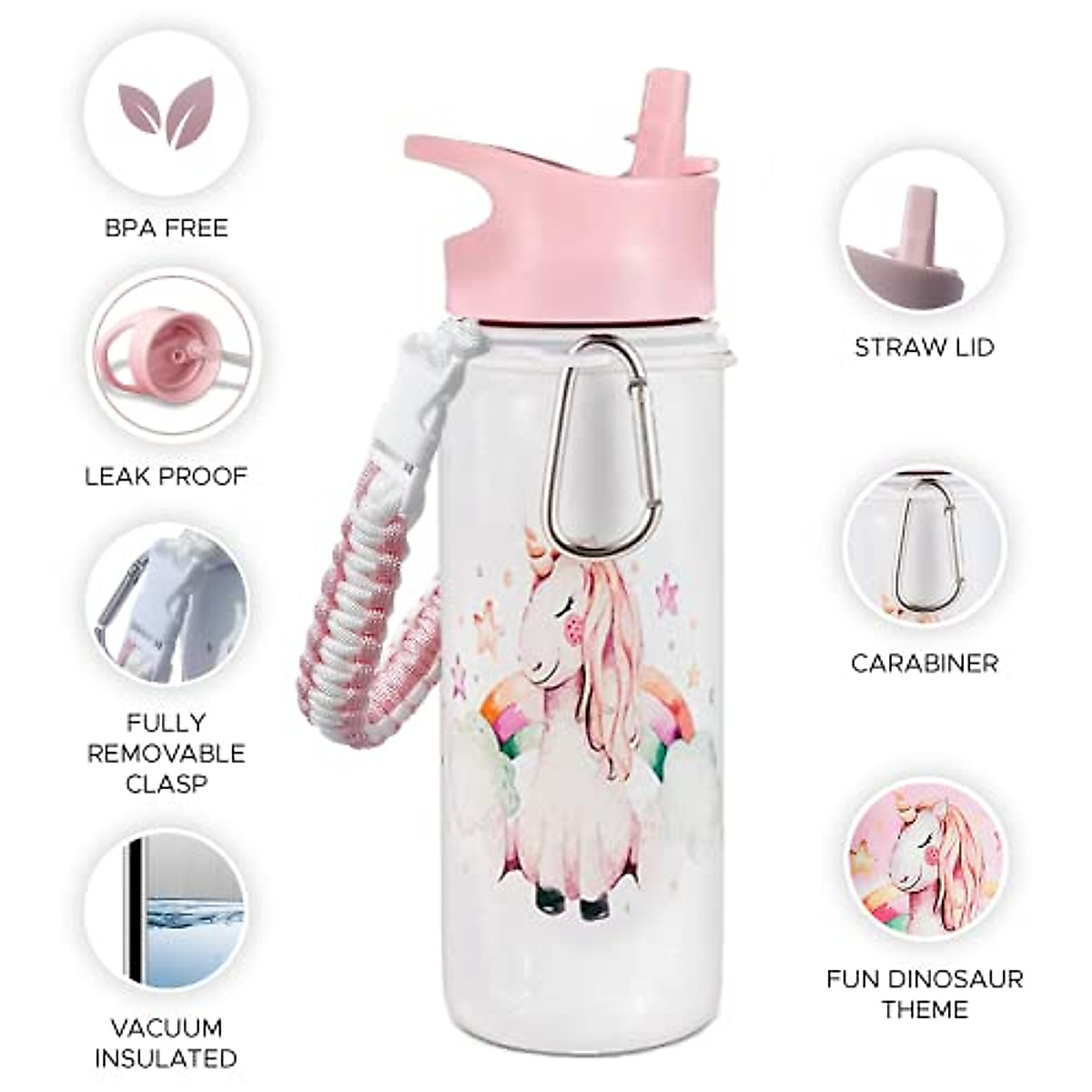 Unicorn Water Bottle, 18 OZ, Leak Proof, 36 Hours Cold, Dishwasher safe, Removable Handle, Wide Mouth Double Wall Vacuum Insulated Stainless Steel Water Bottle For School, Straw, Bottle For Girls