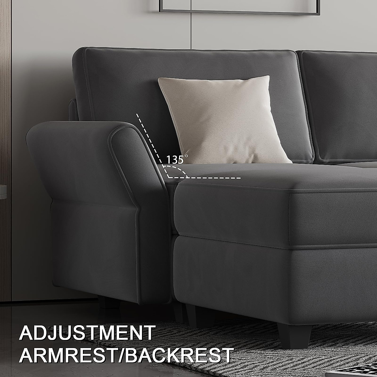DANNRATCH Modular Sectional Sofa U Shaped Sectional Couch with Reversible Chaise, Sleeper Velvet Modular Couch with Storage Seat for Living Room Furniture Sets Grey