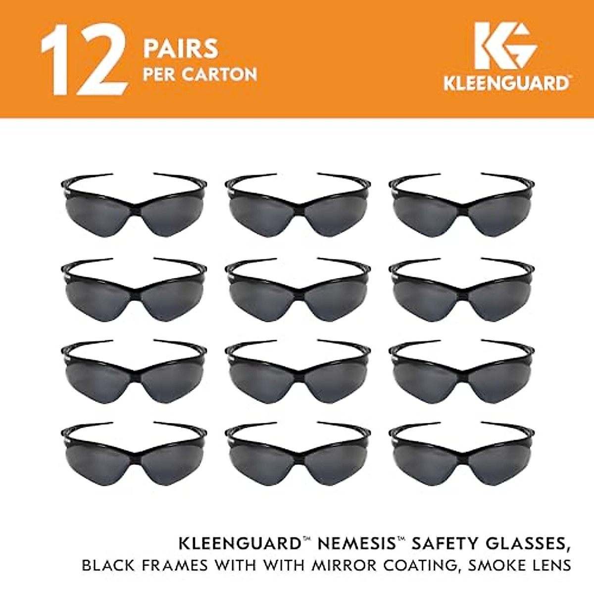 KleenGuard™ V30 Nemesis™ Safety Glasses (25688), with Mirror Coating, Smoke Lenses, Black Frame, Unisex Sunglasses for Men and Women (Qty 12)