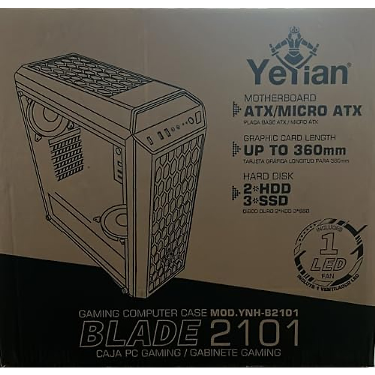 YEYIAN Blade 2101 Gaming PC Case, Acrylic Mid Tower ATX/Micro ATX, LED Fans, SPCC Chassis, Metal Mesh Air Flow, 3 USB/Audio Ports, 16.33"x7.08"x18.85", ROHS CE Certified, Black