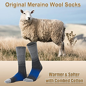 FITRELL 4 Pack Men's Merino Wool Hiking Socks, Wicking Cushioned, Warm Thermal Lightweight Boot Crew Socks, Dress Socks, Black+Blue, Large, Shoe Size 9-12