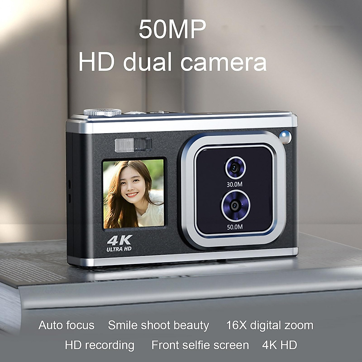 4K Digital Camera, C22 HD Dual Camera & Dual Screen Point and Shoot Camera 16X Zoom, 50MP+30MP Auto Focus Anti Shake Video Camera, Built in Flash, Selfie Preview, Multi Filters