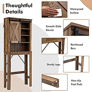 Giantex Over The Toilet Storage Cabinet - Freestanding Toilet Rack with Sliding Barn Door, 3-Level Adjustable Shelves, Anti-Toppling Devices, Non-Slip Foot Pads, Bathroom Toilet Shelf, Rustic Brown