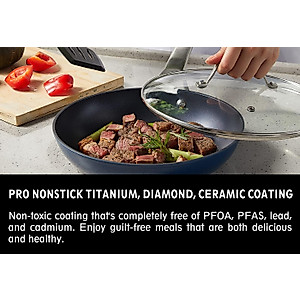 MsMk Non stick frying pan set with lid Blue, 12-inch Durable skillet, Titanium and Diamond Non Stick Non-Toxic Coating From USA, Even Heating, Easy Clean-Up, Comfort Handle, Induction Compatibility