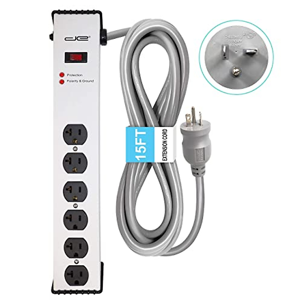 Digital Energy 20 Amp 6-20/T- Slot Plug | 15-Ft Cord - 900 Joule Surge Protector | 6-Outlet, Heavy Duty Steel Body Power Strip