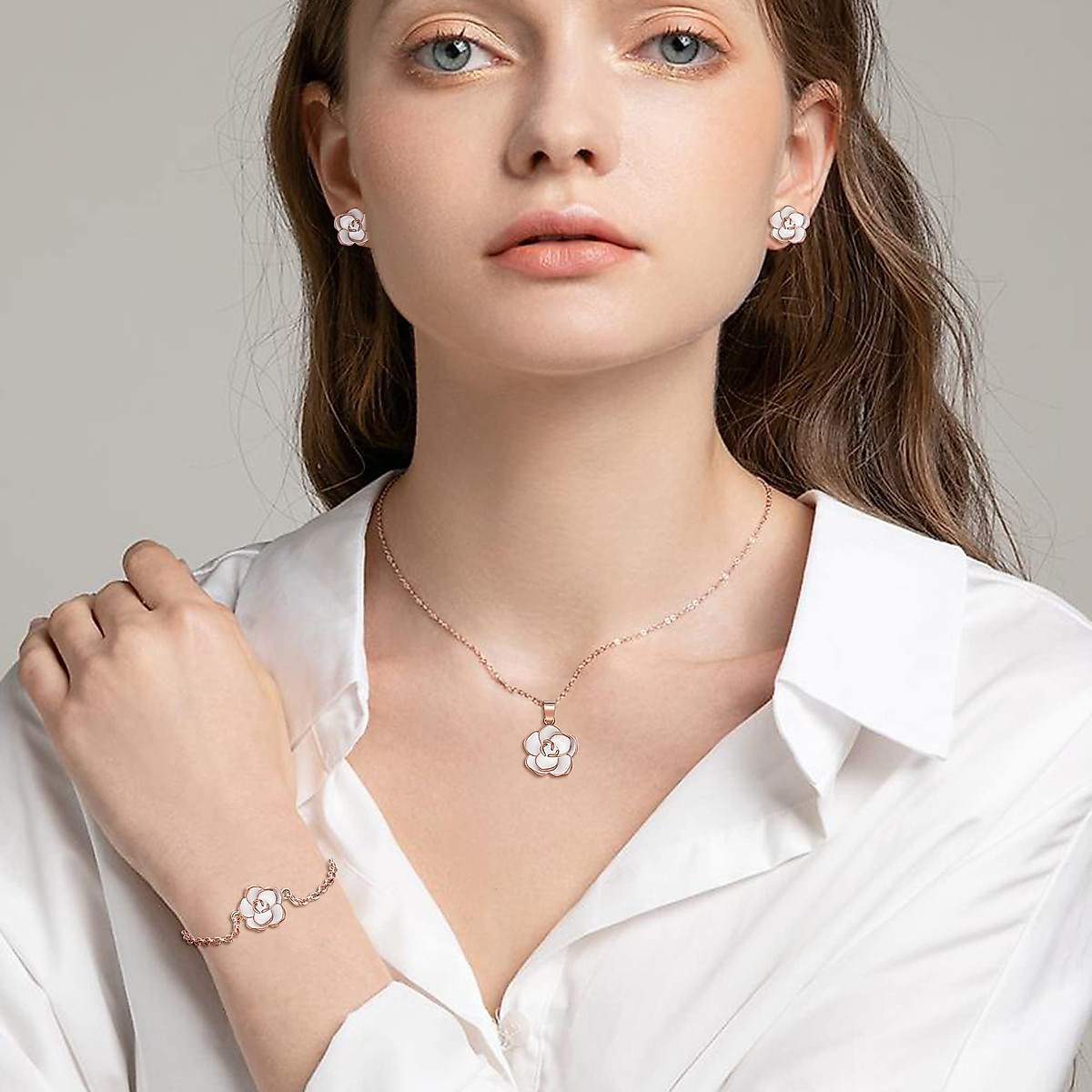 EleQueen Rose Flower Necklace Earrings Bracelet Set 14K White Rose Gold Plated Hypoallergenic Jewelry Sets Gift for Women Girls