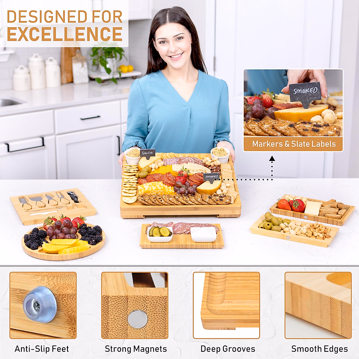 IJRA Premium Bamboo Charcuterie Board Set: 100 Percent Natural Serving Platter with Stainless Steel Cutlery, Ideal for Entertaining, Parties, and Gifts