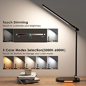 MOOKCCOS Double Head LED Desk Lamp with USB Charging - 5 Color Modes, Memory Function - Ideal for Home Office Desk Lamp, Multi-Angle Adjustable and Foldable Design Table Lamp- Black