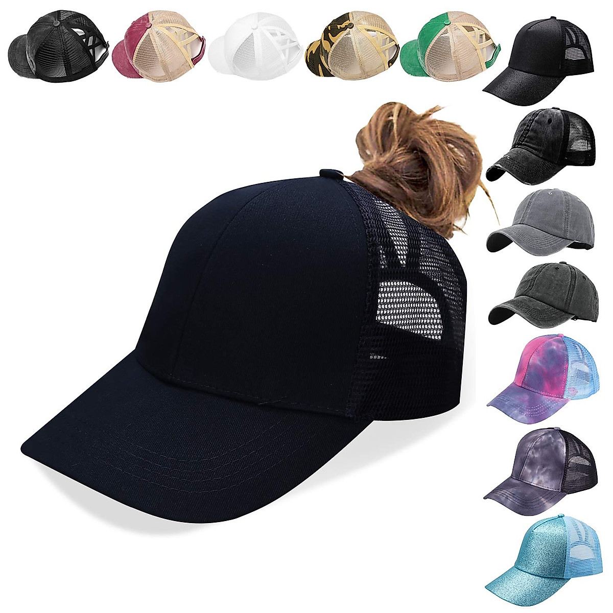 Criss Cross Hat Washed Distressed Baseball Cap Ponytail Hat High Messy Bun Ponycap for Women