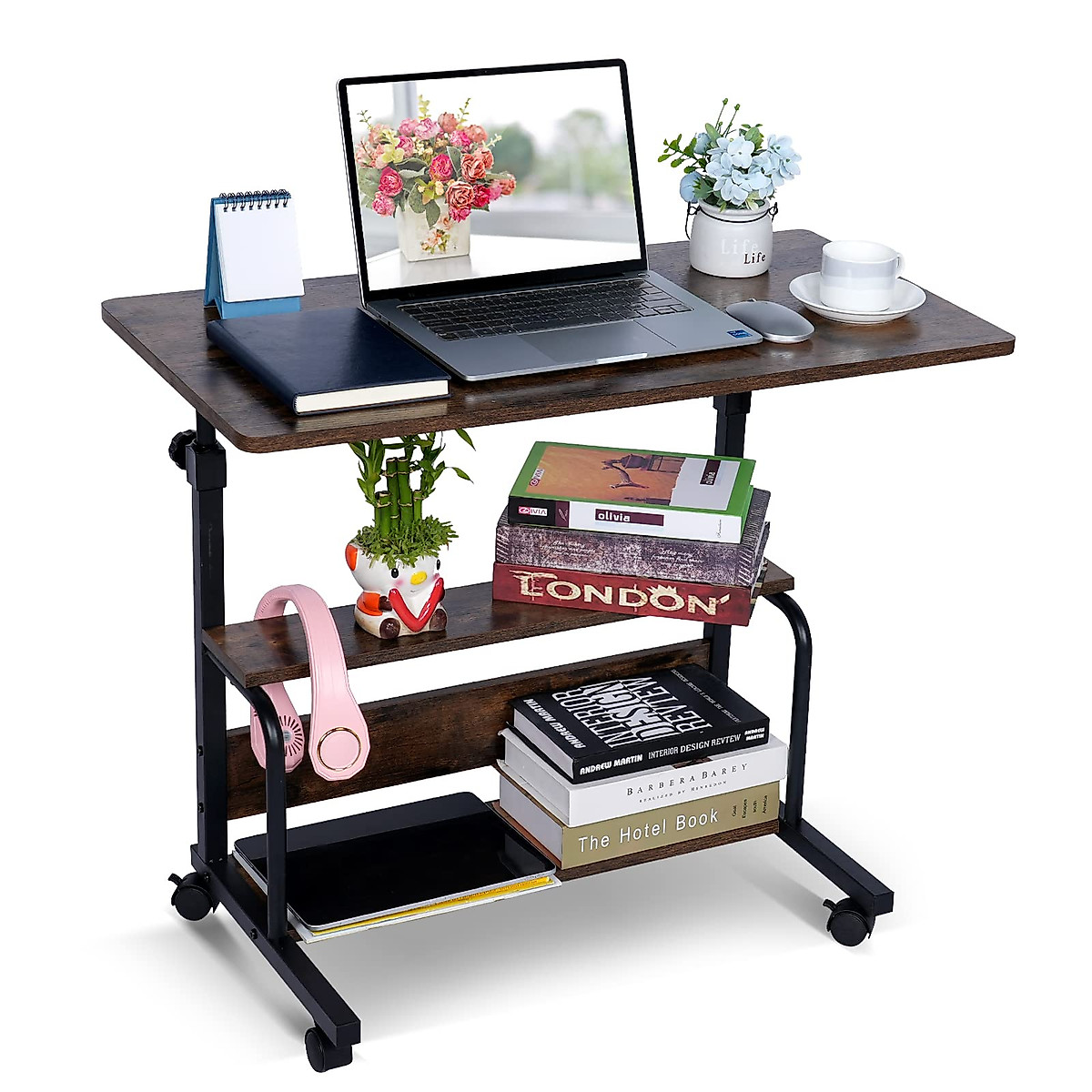 Portable Desk Small Desks for Small Spaces Laptop Table Rustic Rolling Adjustable Desk on Wheels Mobile Couch Desk for Bedroom Home Office Computer Standing Desk Student Desk with Storage 32x16 Inch