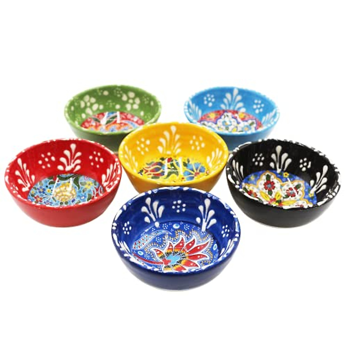HeraCraft 6pcs Hand Painted Turkish Ceramic Snack Bowls 3.35''/8.5cm-74ml/2.5 oz Decorative Ottoman Tulips Design Multi-Purpose Cute Set - Pinch Sauce Dipping Finger Small Serving Bowls