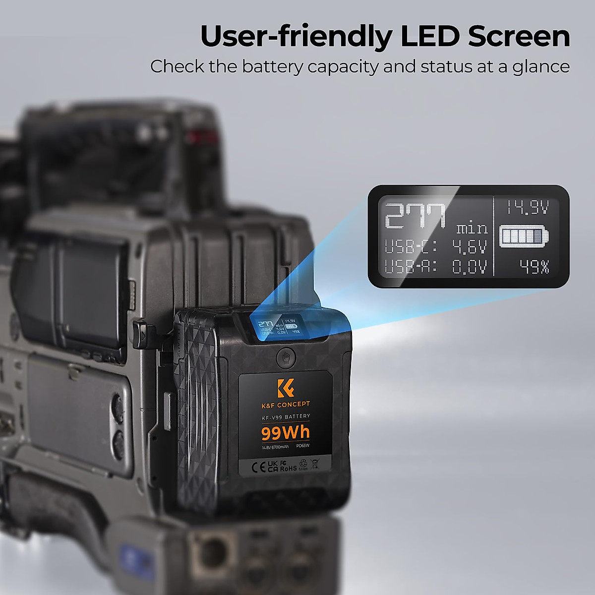 K&F Concept V Mount Battery, 99Wh Mini V-Mount Battery, 6700mAh 14.8V Support 65W PD USB-C Fast Charger, with D-TAP, USB-A, USB-C, BP, OLED Screen, for Cameras and Camcorders