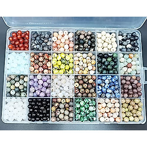 1200pcs 6mm Natural Round Stone Beads Gemstone Beading Loose Gemstone Beads Hole Size 1mm DIY Smooth Beads for Bracelet Necklace Earrings Jewelry Making,Box Packed (24 Material -2,6mm)