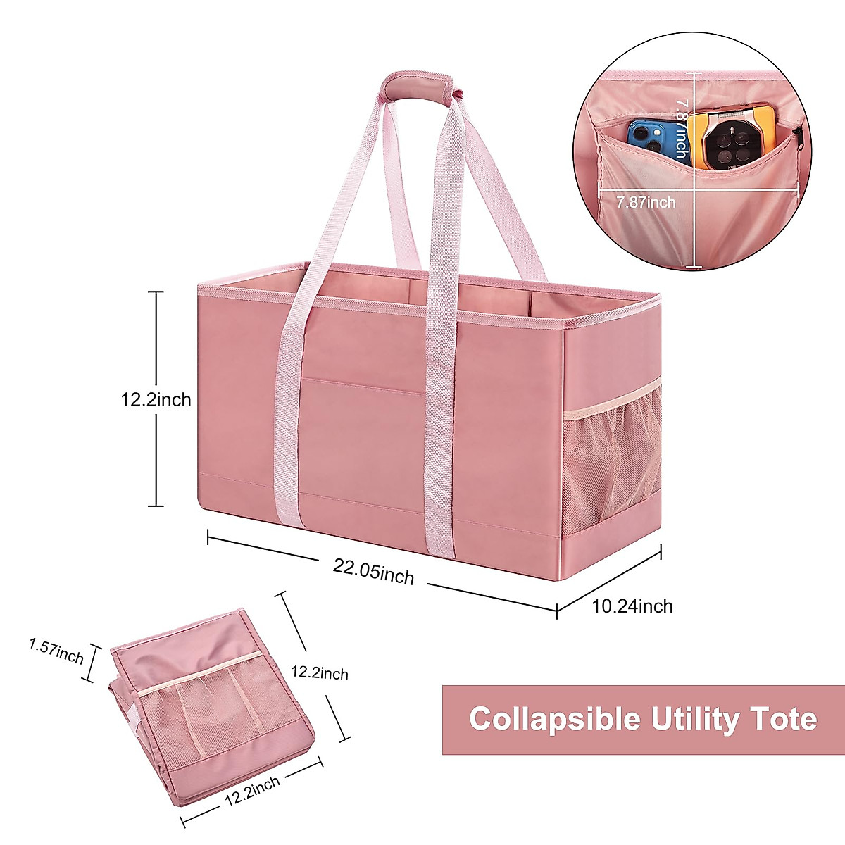 Litvyak Extra Large Utility Tote Bag, Reusable Grocery Bags Collapsible Tote Shopping Bag for Groceries, Storage, Picnics, Beach, Pool, Laundry, with Reinforced Wire Frame & Handles(Pink)