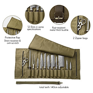 HEZHEN Chef Knife Roll Bag 16oz Oil Waxed Canvas, Heavy Duty Portable Backpack Knife Case Storage, 12 Slots & 2 Zipper Pockets, Detachable Adjustable Leather Shoulder Strap Belt（Not Included Knives）