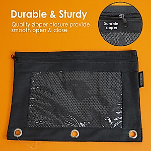 BAZIC Pencil Pouch 3 Ring Binder Pouch w/ Rivet Enforced Rings Hole, Black Mesh Window Zipper Pouches, 1-Count