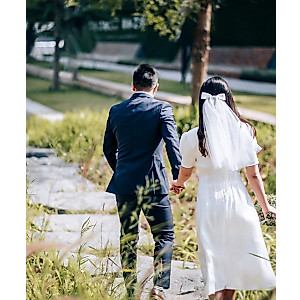 takemay Wedding Veil for Brides, Short White 2 Tier Tulle with Bow Hair Clip