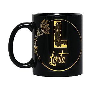 Coffee Mug Personalized Lorita Name & Initial Letter Monogram Floral Alphabet Mug Golden Flowers Custom Black Coffee Cup, Gift for Her Mom Coworker Sister, Wife, Girl 11oz Black Mug 197783