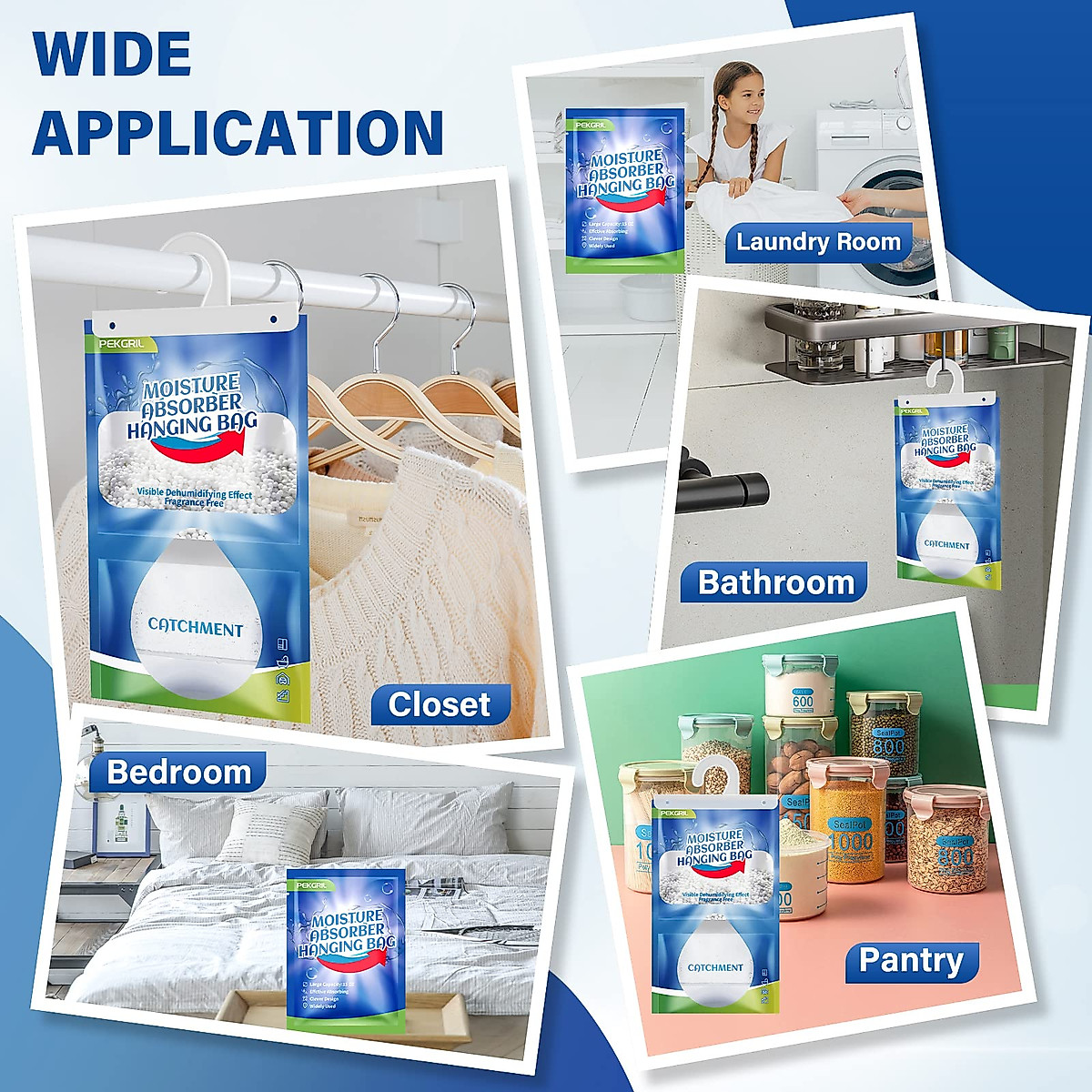 PEKGRIL Moisture Absorber Packets 14-Packs, 15 oz Hanging Dehumidifier Bags, Fragrance Free Humidity Packs for Closet, Bathroom, Kitchen, 420g/Pack