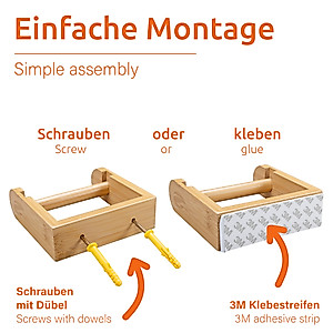 ECENCE 1x Wooden Toilet Paper Roll Holder Wall Mounted Without Drilling Natural Bamboo Toilet Roll Holder Ecological Toilet Paper Dispenser