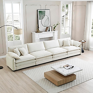 Aoowow Modern Modular Sectional Sofa,150.4 Inch Corduroy Upholstered 4-Seater Sofa Comfy Cloud Deep Seat Couches with 4 Throw Pillows and 2 Armrest Pillows for Living Room Bedroom Apartment(Beige)