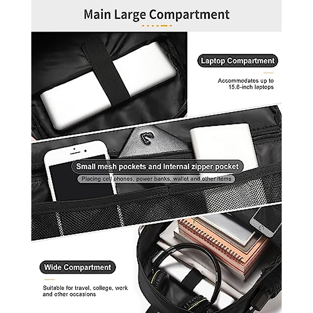 Black Laptop Backpack For Women Men 15.6 Inch Waterproof College Backpack With Laptop Compartment Aesthetic Backpack Purse For Women Anti Theft Work Backpack Rucksack Lightweight Computer Backpack