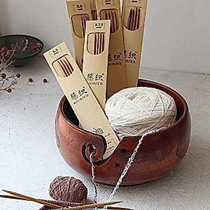 Wood Yarn Storage Bowl, Yarn Bowl for Crocheting with 12 Pieces Bamboo Crochet Hooks, 3.2”x 5.3”, Wooden Yarn Ball Holder for Crocheting Knitting DIY Crafts Tools