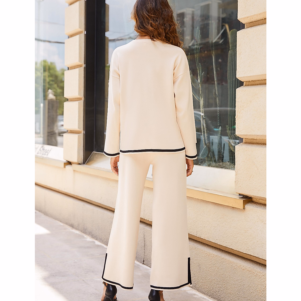 Tanming Women's 2 Piece Outfits Long Sleeve Knit Sweater Top Wide Leg Pants Lounge Sets Tracksuits (Apricot, X-Small)