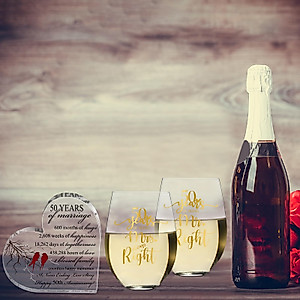 3 Pcs 50th Marriage Gifts Set Happy Anniversary Wine Glass Wedding Anniversary Crystal Heart Marriage Keepsake Couples Gifts for Mom Dad Husband Wife 50th Wedding Birthday Anniversary Party Supplies