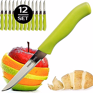 Brenium Paring and Garnishing Knife, 12-Piece Set, Knives with Straight Edge 3 Inch Blade, Stainless Steel, Spear Point, Fruit and Vegetable Cutting and Peeling, Green