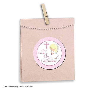 First Holy Communion Religious Thank You Sticker Labels for Girls (Light Skin, Blond Hair), 40 2" Party Circle Stickers by AmandaCreation, Great for Party Favors, Envelope Seals & Goodie Bags