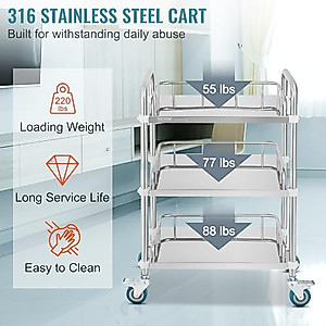 VEVOR Lab Rolling Cart, 3-Shelf Stainless Steel Rolling Cart, Lab Serving Cart with Swivel Casters, Dental Utility Cart for Clinic, Lab, Hospital, Salon, 26.38"x15.55"x34.13"