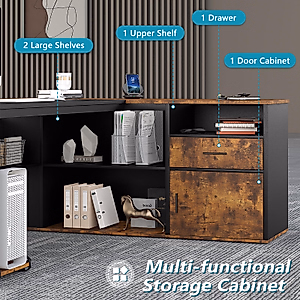 YOMILUVE 71 Inch Executive Desk with Storage Shelves, Industrial L-Shaped Desk with Cabinet Storage & Drawer, Home Office Desk Business Furniture, Rustic Brown & Black
